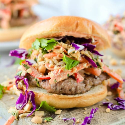 Ground Pork Burgers with Thai-Inspired Peanut Slaw - bits and bites