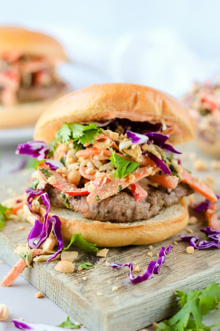 Ground Pork Burgers with Thai-Inspired Peanut Slaw - bits and bites